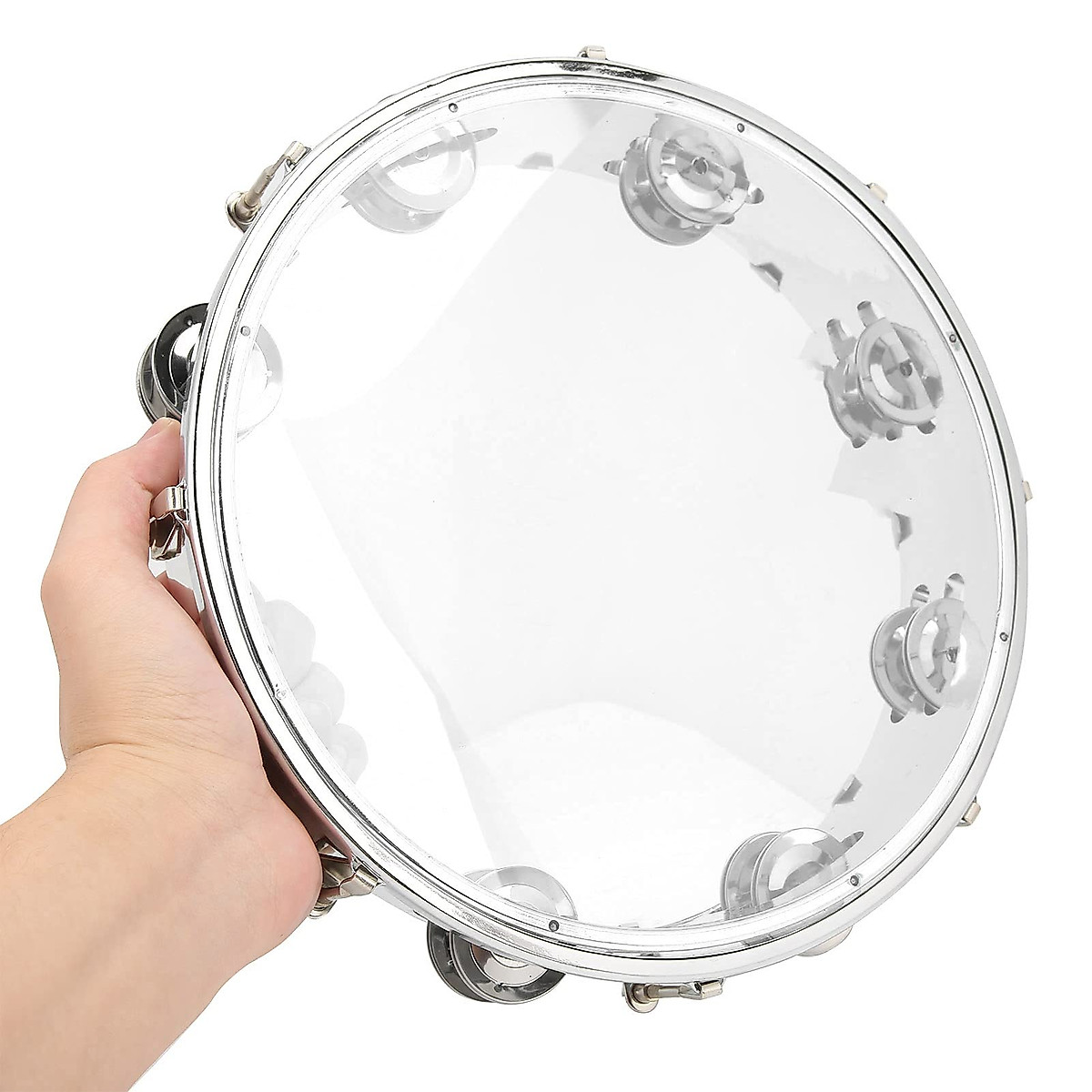 Tambourine for Adults 10 inch Double Row Metal Jingles Hand Held Musical Educational Drum Instrument for Party Games(Transparent color)