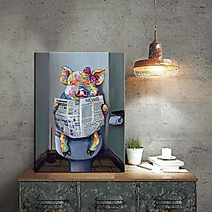 KREATIVE ARTS Funny Animal Painting Wall Decor Giclee Canvas Art Cute Pig Reading Newspaper on Toilet Painting Framed Prints Pictures to Hang for Bathroom Walls Decor 24x32inch