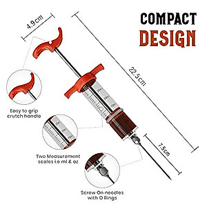 Meat Injector Kit, Plastic Marinade Turkey BBQ 1-oz Syringe with 2 Stainless Steel Needles - 3 Extra O-Rings & 1 Cleaning Brush For Basting & Grilling