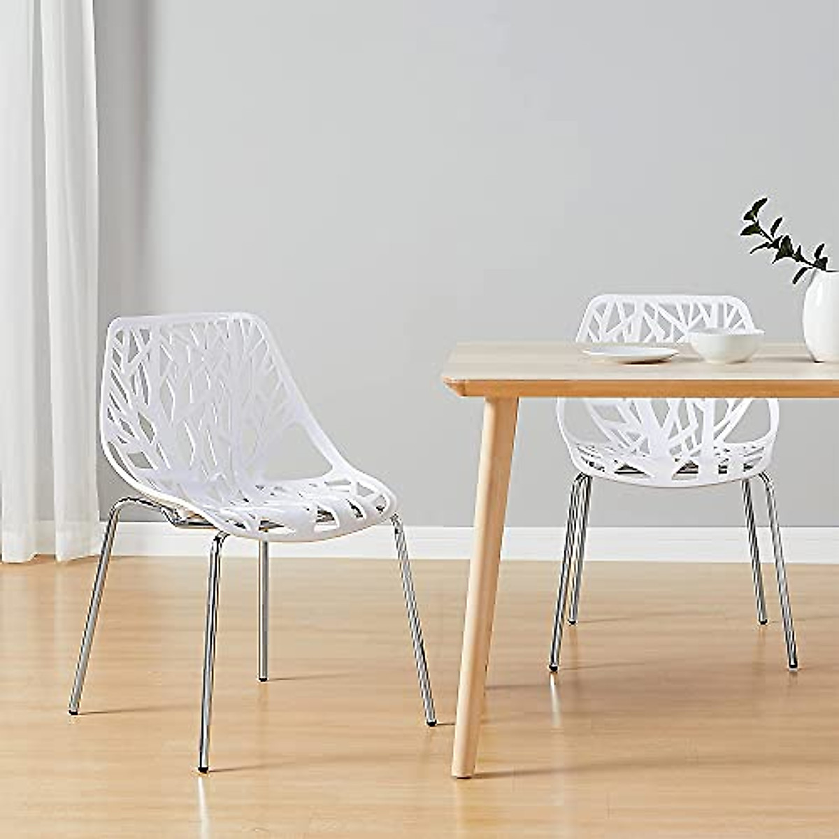 CangLong Modern Mid Century Plastic Shell Hollow Matal Legs Dining Chairs, set of 2, White 2