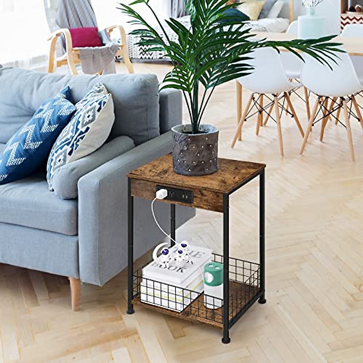 Vrisa Nightstand with Charging Station Bed Side Tables Set of 2 with USB Ports and Outlets Farmhouse Night Stand with Storage Basket Nightstands for Bedroom Living Room Industrial