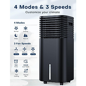 CENSTECH 4-IN-1 Portable Air Conditioners, Evaporative Air Cooler w/4 Modes & 3 Speeds, 15H Timer for Smart Auto-off, 2-Gal Tank for 20H Cooling,17FT Remote,No Hose Needed,120°Oscillating Swamp Cooler