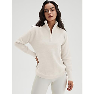 DEEP SELF Women's Pullover Sweaters 1/4 Zip Long Sleeve V Neck Stand Collared Casual Fall Sweater (Solid White, Small)