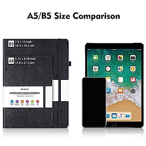 OFFIGIFT Graph Paper Notebook, 312 Numbered Pages Large A5 Hardcover Leather Journal, 100gsm No Bleed Grid Paper Notebook with Index Pages, Grid Notebook for Graphing Notes Math, 5.75" x 8.38", Black