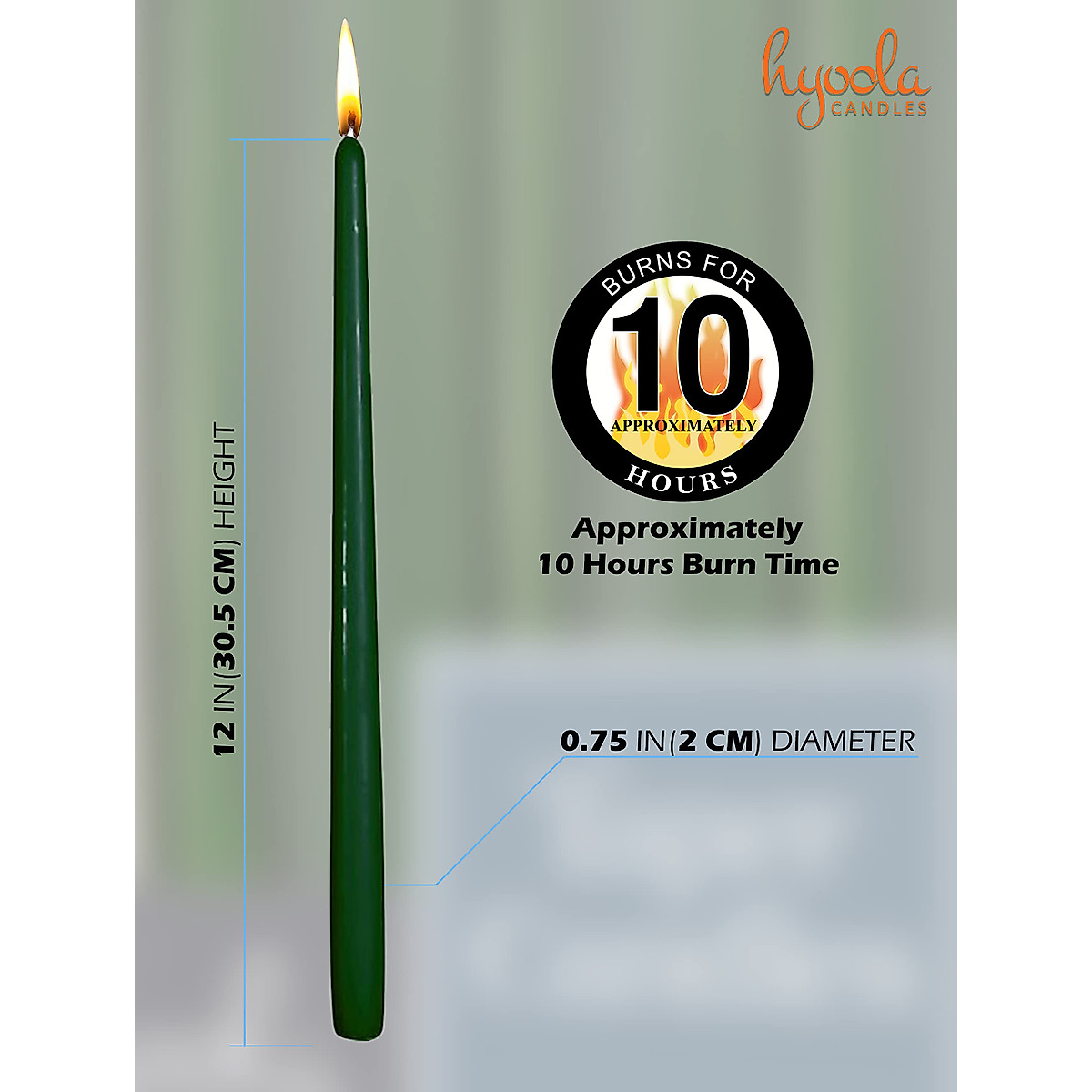Hyoola 12 Pack Tall Taper Candles - 12 Inch Hunter Green Dripless, Unscented Dinner Candle - Paraffin Wax with Cotton Wicks - 10 Hour Burn Time