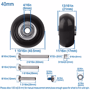 FSATNDE Luggage Suitcase Replacement Wheels Set of 4 PU Bearing Wheels-Install Width 0.8in/21mm with 3 Size Axles and Hacksaw for Trolley Bag Drawbar Box Smooth Rolling Repair(40mm x 18mm)