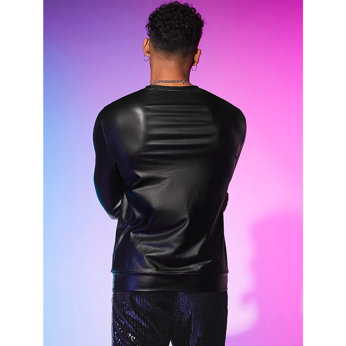 WDIRARA Men's Round Neck Long Sleeve PU Leather Sweatshirt Party Club Pullovers Black S