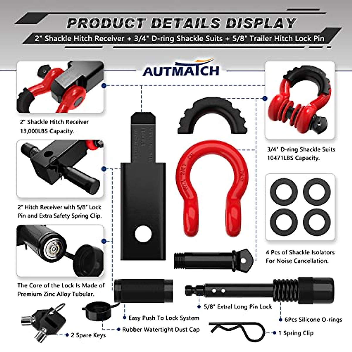 AUTMATCH Shackle Hitch Receiver 2 Inch with Hitch Tightener Anti-Rattle Clamp, 3/4" D Ring Shackle and 5/8" Trailer Hitch Lock Pin, Heavy Duty Receiver Kit for Vehicle Recovery, Red & Black