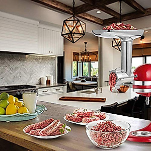 Meat Grinder Attachment for KitchenAid Stand Mixers, Accessories Included 2 Sausage Stuffer Tubes, Durable Metal Food Grinder Attachments by Kitchood, Silver