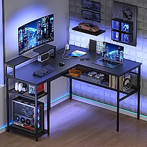 SOROGRA L Shaped Gaming Desk with Power Outlet and Storage Shelves, 50.4 inch Home Office Reversible Computer Desk with Monitor Stand, Corner Desk Writing Table with 2 Hooks, Black