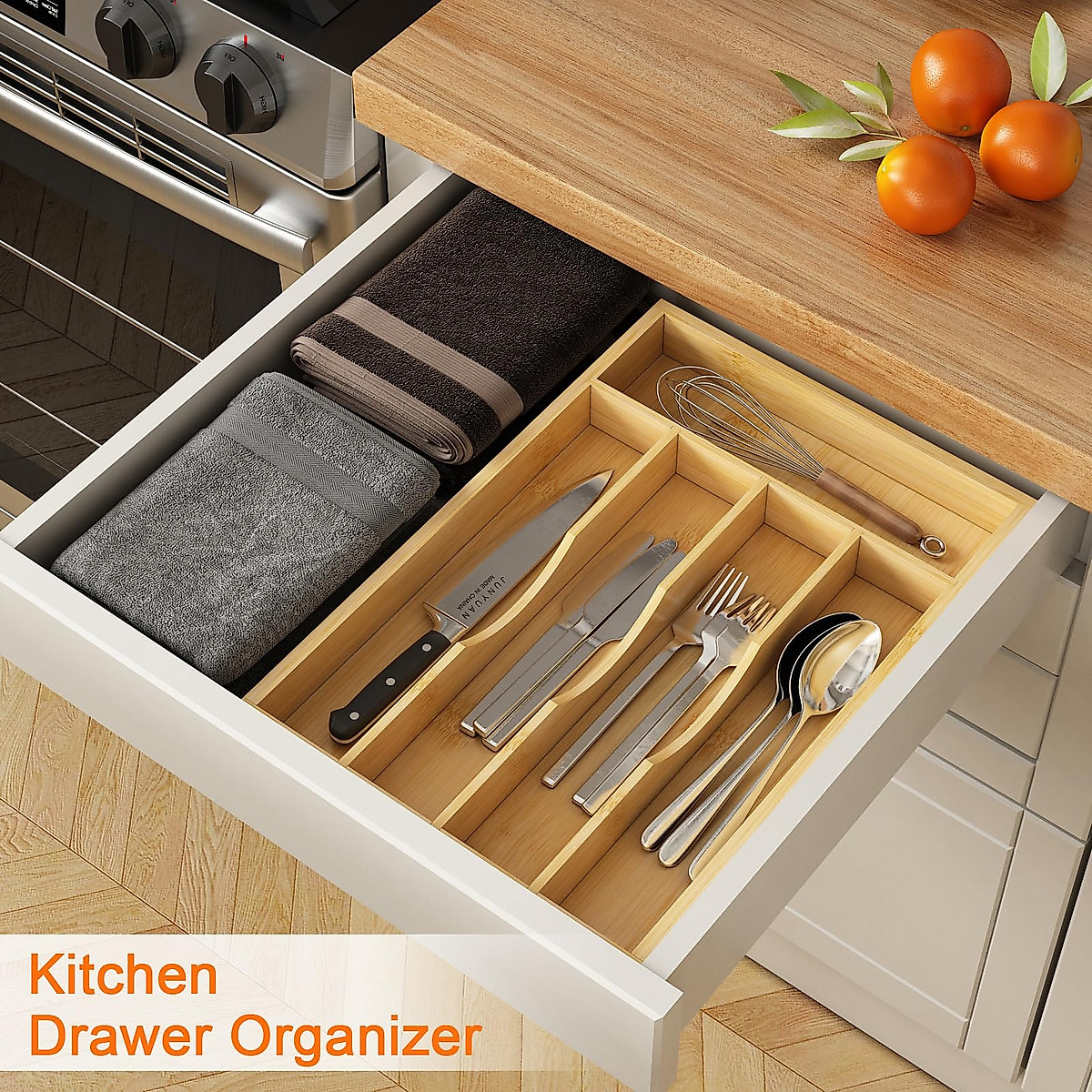 Youpehom Bamboo Utensil Organizer for Kitchen Drawers, Utensil Tray and Cutlery Silverware Holder,Wood Drawer Dividers with 5 Slots
