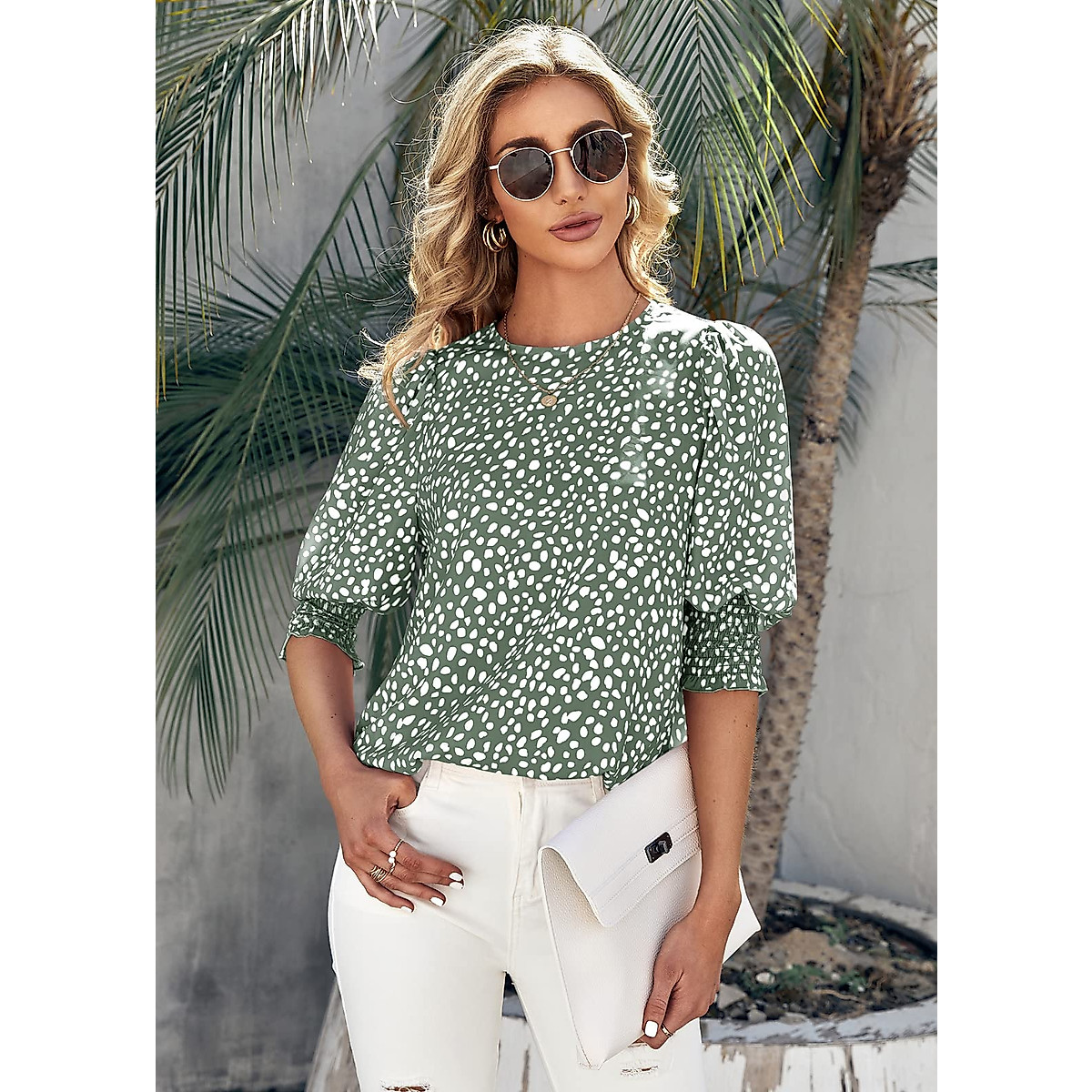 Teurkia Women's Casual Crewneck Tops 3/4 Sleeve Blouses Loose T Shirts Army Green