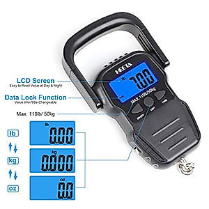 HEETA Fish Scale with Backlit LCD Display, Up to 110lb/50kg Digital Portable Hanging Fish Weight Scale with Hook & Measuring Tape for Home, Farm, Outdoor, Hunting, Fishing, 2 AAA Batteries Included