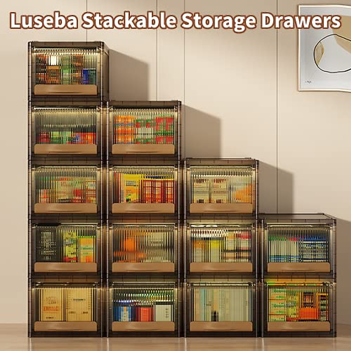 Lozovin Storage Drawers - Double Door Plastic Drawer Organizer with Built-in Locking Latch, 41.8Qt large Stackable Plastic Storage Drawer Container - 3 Pack