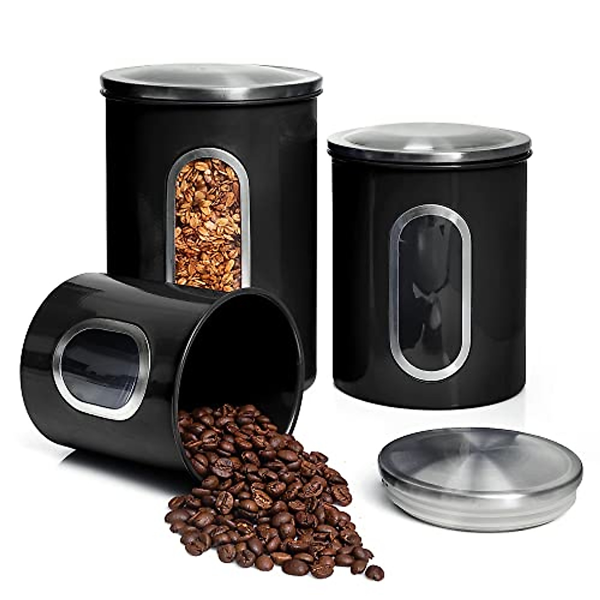 Moss & Stone 3 Piece Black Canisters Sets For The Kitchen, Kitchen Jars With See Through Window | Airtight Coffee Container, Tea Organizer, And Sugar Canister, Kitchen Canisters Set of 3 (Black)