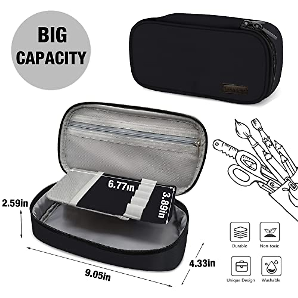 Pencil Case Pencil Bags with Zipper Pencil Pouch Pen Case Black Pen Box for Boys Girls Stationary Organizer for College Office Travel By Gloppie