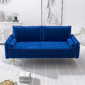 COULDWILL Velvet Small Sofa Mid-Century Modern Loveseat Couch with 2 Waist Pillows and Pockets, 71'' Comfy Sofa for Living Room and Studio, Blue