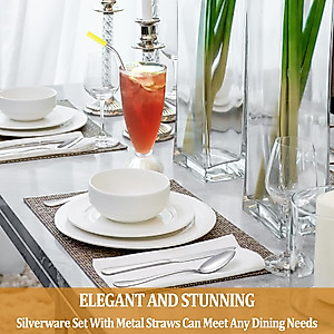 56 Pcs Silverware Set with Steak Knives and Metal Straw for 8,Stainless Steel Flatware Set, Mirror Polished Cutlery Utensil Set, Home Kitchen Eating Tableware Set,Fork Knife Spoon Set,Dishwasher Safe