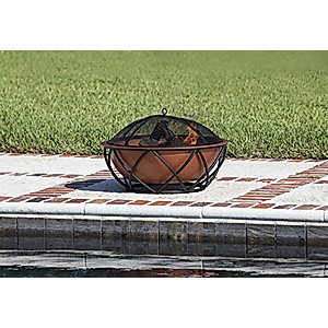 Fire Sense 62241 Fire Pit Barzelonia Copper-Look Wood Burning Lightweight Portable Outdoor Firepit Backyard Fireplace Camping Bonfire Included Screen Lift Tool & Cooking Grate - Round - 26"