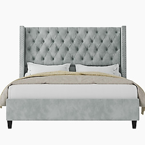 Jocisland Queen Size Platform Bed Frame Velvet Upholstered Bed with Nailhead Trim Wingback Headboard 51.6" Tall,Button Tufted, No Box Spring Needed, Light Grey