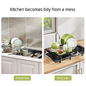 Extra Large Black Expandable Roll Up Dish Drying Rack,Over The Sink Kitchen Rolling up Dish Drainer in Sink, for Kitchen Sink Counter，Foldable Sink Cover with Removable Utensil Holder(13.6"-25.1")