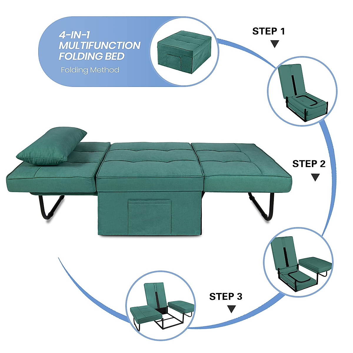 Polar Aurora Ottoman Sofa Bed 4 in 1 Multi-Function Folding Sleeper Chair Bed Adjustable Recliner for Living Room (Green)