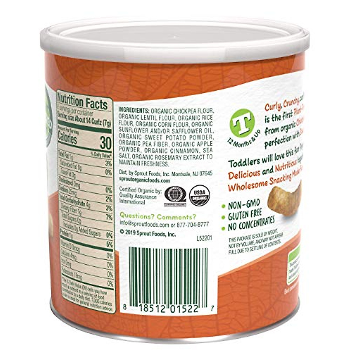 Sprout Organic Baby Food, Stage 4 Toddler Snacks, Sweet Potato and Cinnamon Plant Power Curlz, 1.48 Oz Canister (6 Count)