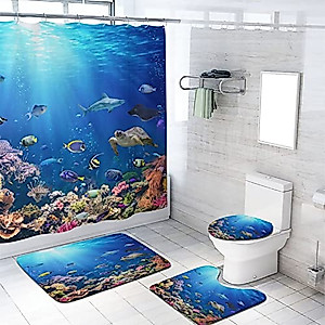 Zmcongz Ocean Underwater World Shower Curtain Sets with Rugs 4 Piece Colorful Tropical Fishes Turtle Coral in The Deep Sea Bath Curtain for Bathroom Waterproof Fabric Bathroom Decor Set, 72x72 Inch