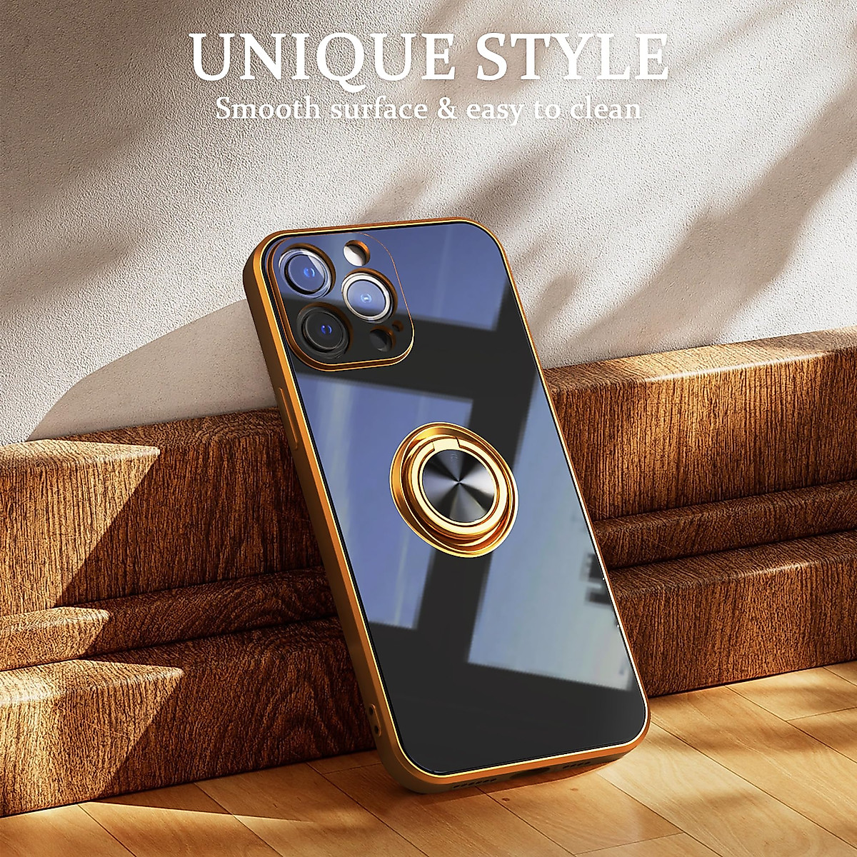 IDweel for iPhone 13 Pro Max Case with 360°Ring Holder Stand Magnetic Kickstand,Lightweight Slim Fit Plated Rose Gold Edge Soft TPU Bumper Camera Protection Non-Slip Cover,Black