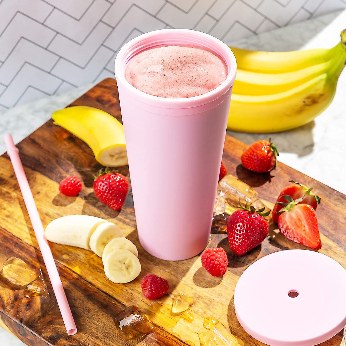 STRATA CUPS Classic Tumblers with Lids and Straws (8 pack) - 22oz Matte Pastel Colored Acrylic Tumblers with Lids and Straws, Double Wall Tumbler Bulk, Reusable Cup with Straw Cleaner (Pink)