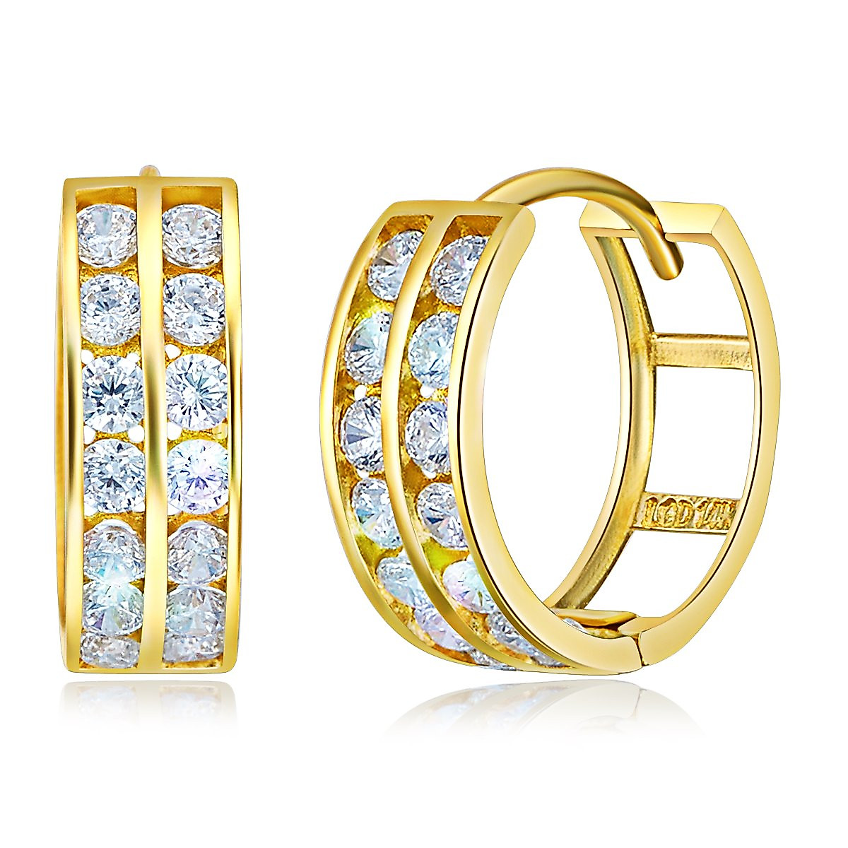 14k REAL Yellow Gold 5mm Thickness CZ Channel Set Hoop Huggie Earrings (15 x 15 mm)