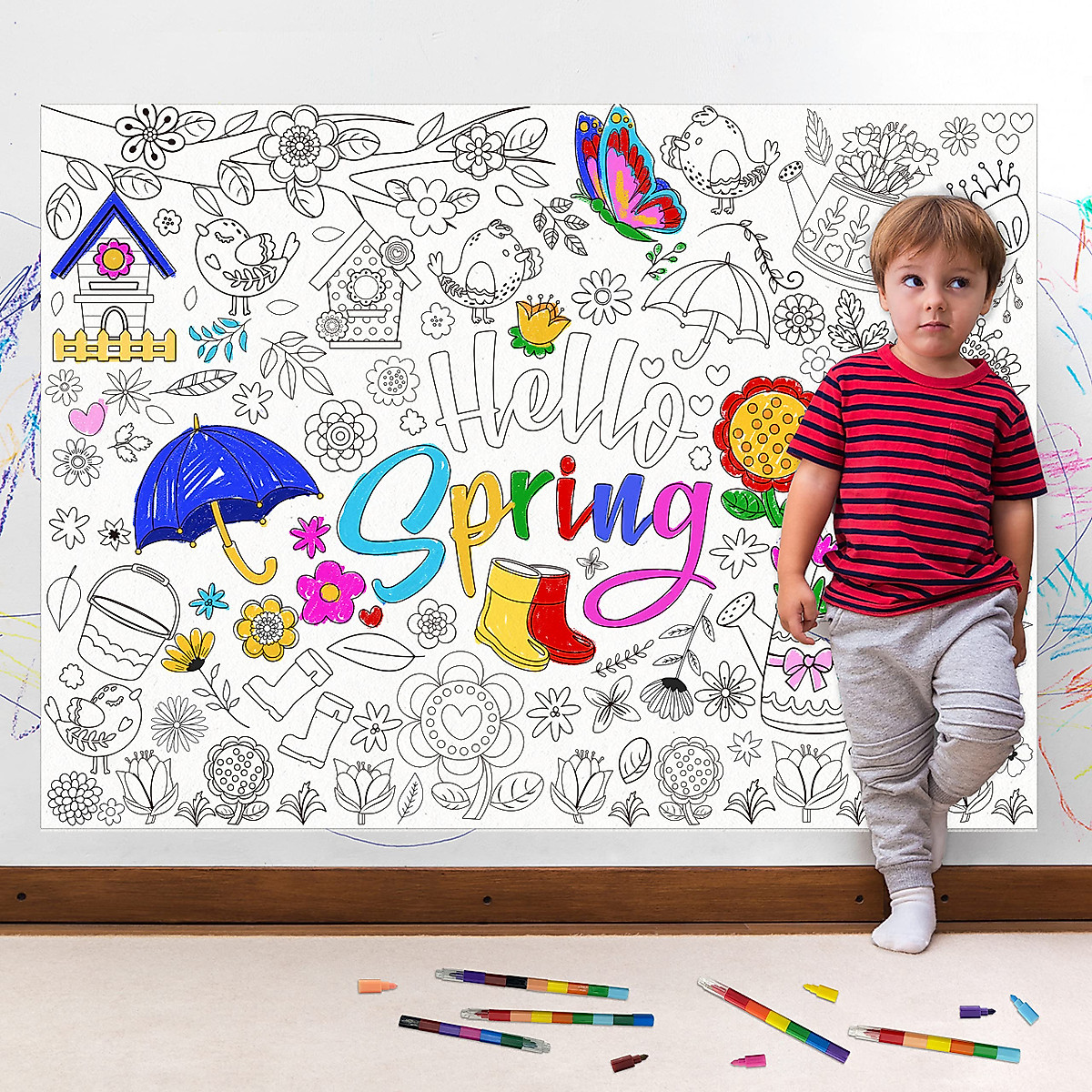 Giant Spring Coloring Poster with 6 Stacking Crayons, Crafts Education Activity Jumbo Paper Poster Wall Art Coloring Poster Banner for Home School Classroom Party Supplies Favor, 43x 31Inch(Spring）