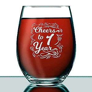 Cheers To 1 Year Wine Glass - Etched Sayings - Gift To Celebrate Wedding - Business - Or Work Anniversary - Gift For Him Her Couple