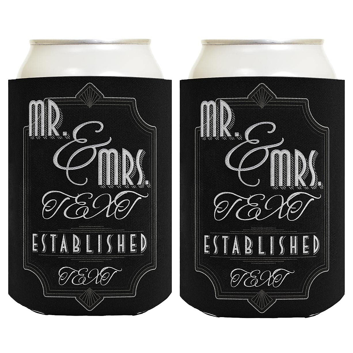 Engagement Party Favor For Women Mr & Mrs Custom Name and Established Date 2-Pack Personalized Can Coolie Drink Coolers Coolies Black