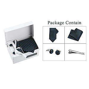 Allegra K Men's Polka Dots Self-tied Tie Handkerchief Clip Cufflinks Wedding Business Necktie Sets One Size Black Blue