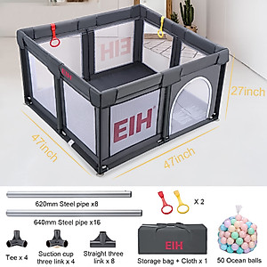 Baby Playpen, Playpen for Babies and Toddlers Indoor & Outdoor Kids Activity Center with 50 Ocean Balls Small Baby Playard Breathable Mesh Kids Safety Play Area, 47in x 47in (Dark Gray)