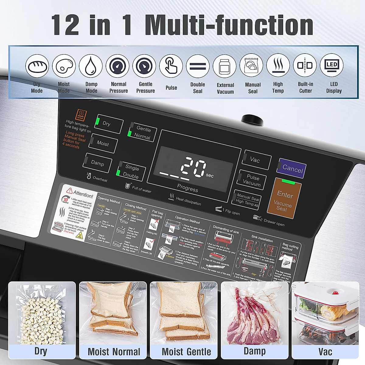 Food Vacuum Sealer Machine, 12 in 1 Food Sealer Vacuum Sealer with Easy Lock Handle, Double Heat Seal, Vacuum Sealer Food with Built in Cutter and Bag Storage, Drip Tray, 1 Roll and 10 Pre-cut Bags