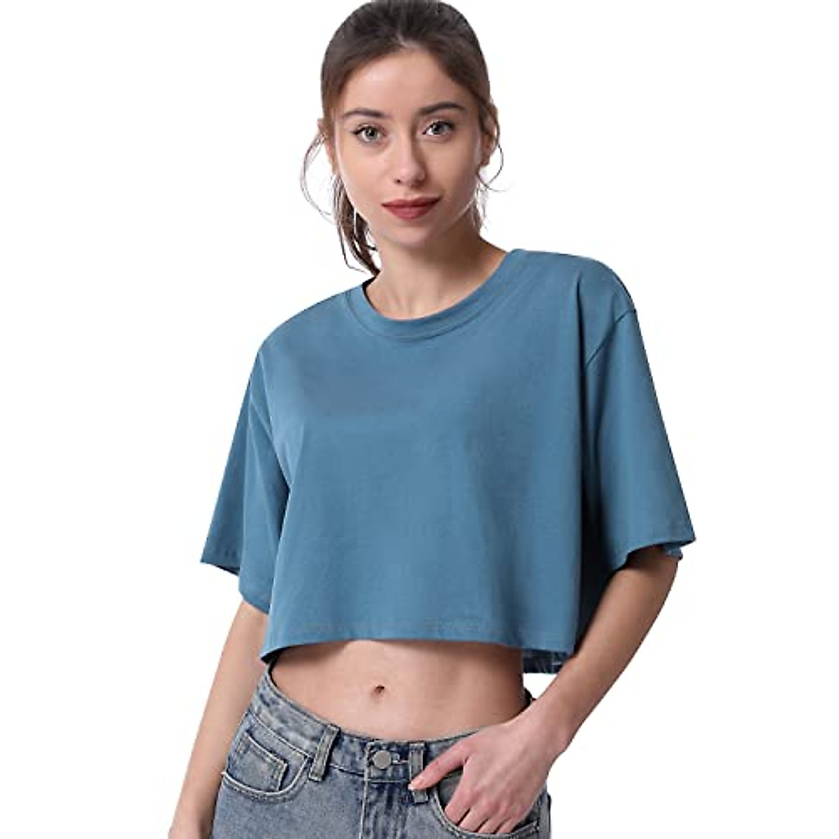 Cosy Pyro 4-Pack Women's Cotton Crop T-Shirts Short Sleeve Solid Cropped Athletic Top Round Neck Casual Workout Yoga Tees Black/White/Gray/Navy M