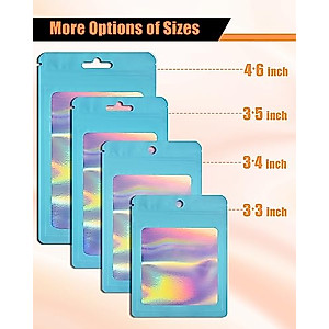 Holographic Bags Packaging Bags 300 PCS Blue Resealable Bags with Clear Window for Food Storage Small Business (Outer Size 3.54x5.31 Inch/Inner Size 3x4 Inch)