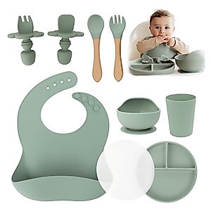Yunioo Extra Heavy Silicone Baby Feeding Set Essentials, Premium 9-Piece Set of Baby Led Weaning Supplies with Silicone Baby Plate with Lid, Superior Suction Bowl and Baby Utensils - Green