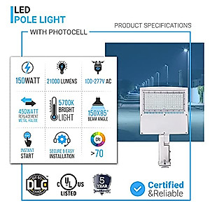 LEDMyplace 150W LED Pole Light with Photocell 5700K Universal Mount White AC120-277V Commercial Parking Lot Lights