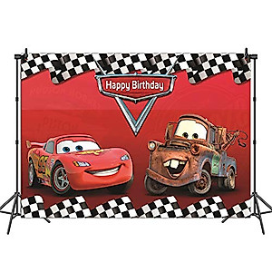Cartoon Car Backdrop Children Boys Birthday Party Backdrops Car Racing Story Black White Grid Red Photo Backgrounds for Photography Birthday Party Banner (8X6ft)
