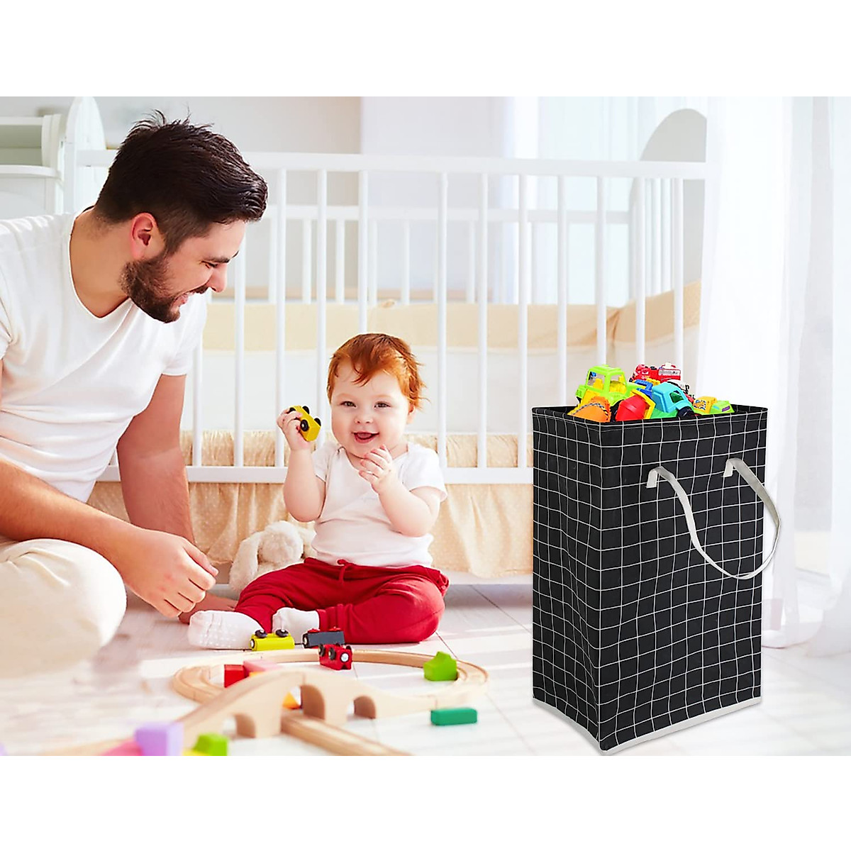 HIYAGON 75L Freestanding Laundry Basket,Large Collapsible Tall Clothes Laundry Hamper with Handles,Waterproof Toy Storage Bin for Home,Office,Closet(2 Pack Black and white check)