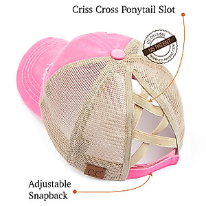 C.C Exclusives Washed Distressed Cotton Denim Criss-Cross Ponytail Hat Baseball Cap Bundle Hair Tie (BT-780)(BT-791) (A Elastic Band-Pink)