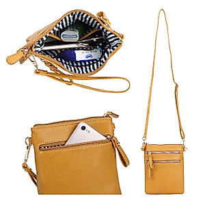 Solene Women's Faux Leather Organizer Multi Zipper Pockets Handbag With Detachable Wristlet Crossbody Bag-WU002(Mustard)