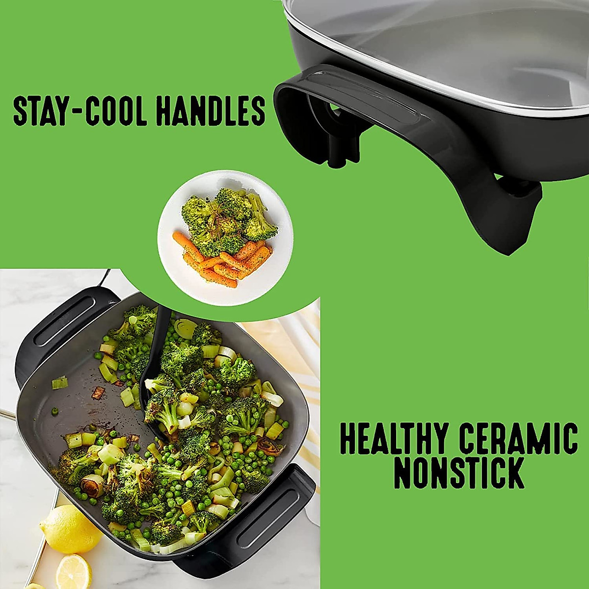 12-inch Ceramic Electric Skillet Nonstick - with Glass Lid, Adjustable Temperature Control (5QT.)