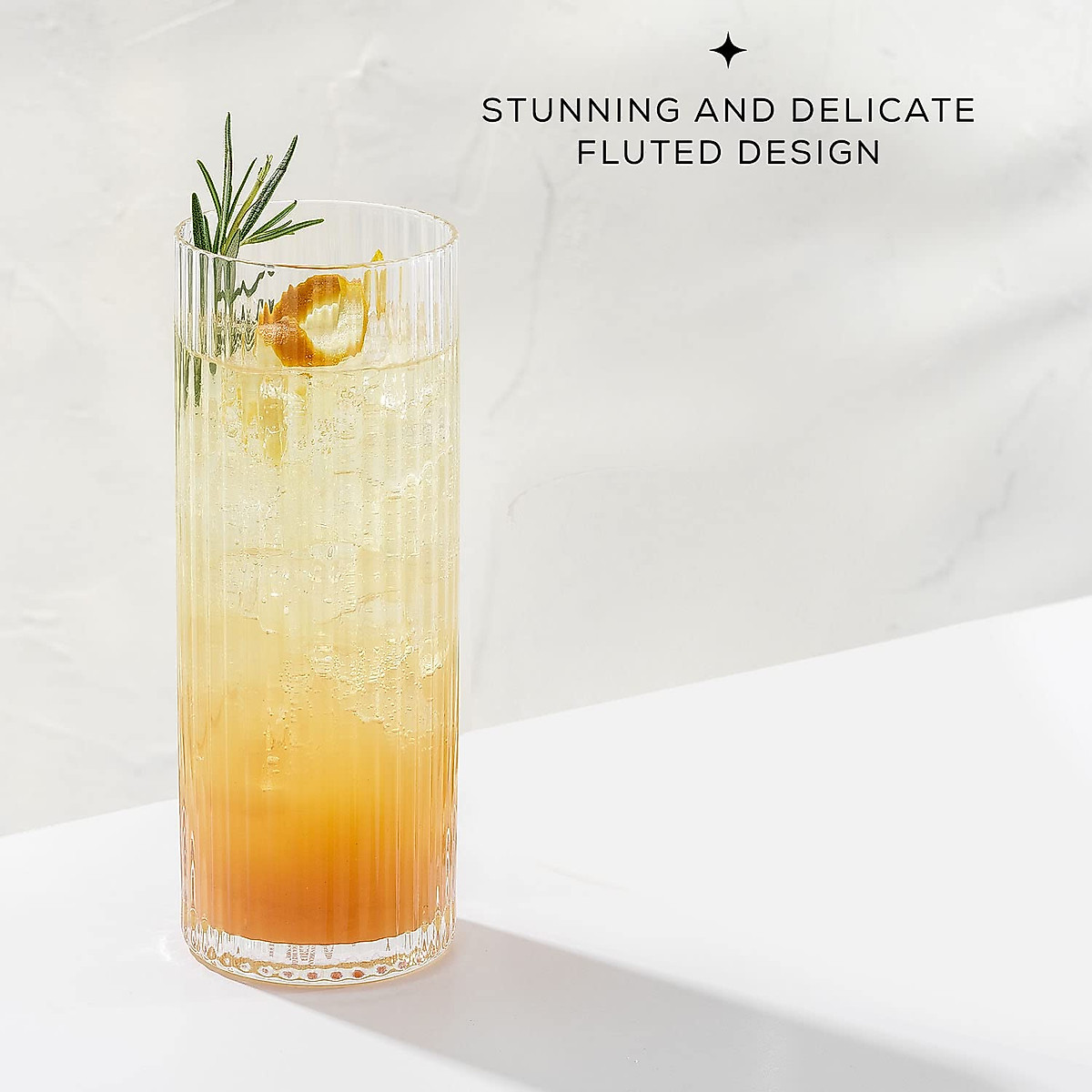 JoyJolt 16oz Fluted Highball Glasses - 2 Ribbed Tall Cocktail Tumblers for Gin, Juice, Water