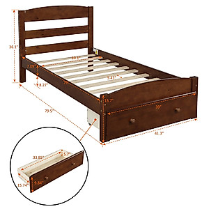 SOFTSEA Twin Size Platform Bed Frame with Drawers, Platform Bed with Headboard and Footboard, Wood Platform Bed for Bedroom, No Box Spring Needed, Walnut