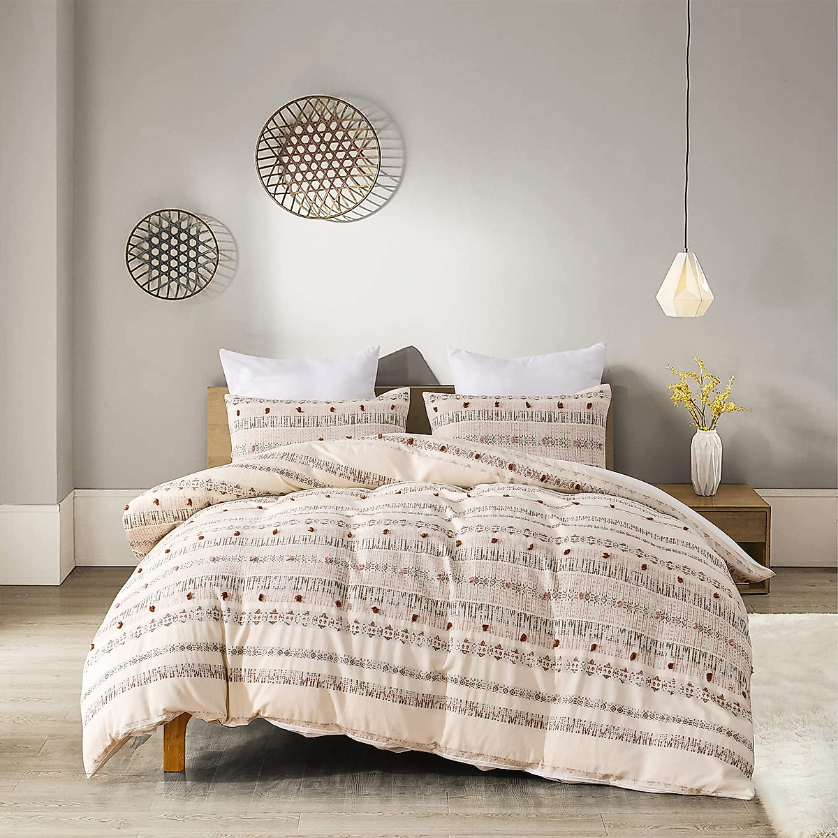 ECLEC Boho Dots Tufted Cotton Duvet Cover 3 Pieces Set Textured Jacquard Full/Queen Bedding Set, Oeko-Tex Certified, Ultra-Soft, Warm, Breathable, Machine Washable, All Season