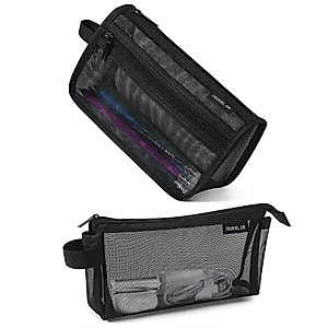 2-Pack Grid Mesh Pencil Case with Handle and Zipper, Double Layer Clear Large Capacity Pencil Pouch, Travel Makeup Bag and Small Toiletry Bag for Purse, College Essentials School Supplies (Black)